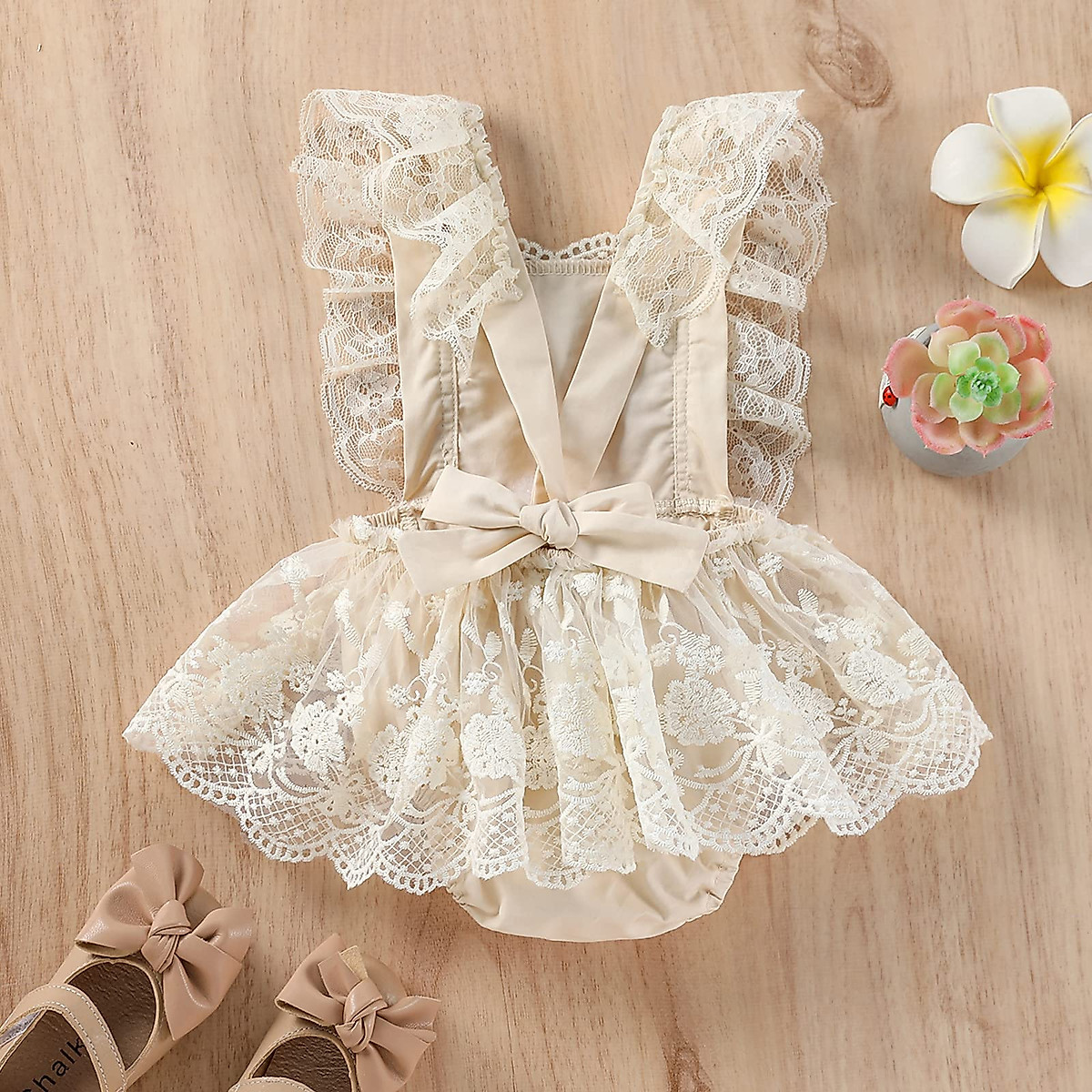 Newborn Baby Girl 1st Birthday Outfit Floral Lace Tulle Romper Tutu Dress Backless Jumpsuits Ruffled Fly Sleeves Ruffle Dresses Flower Headband One Year Cake Smash Princess Boho Clothes Photo Shoot
