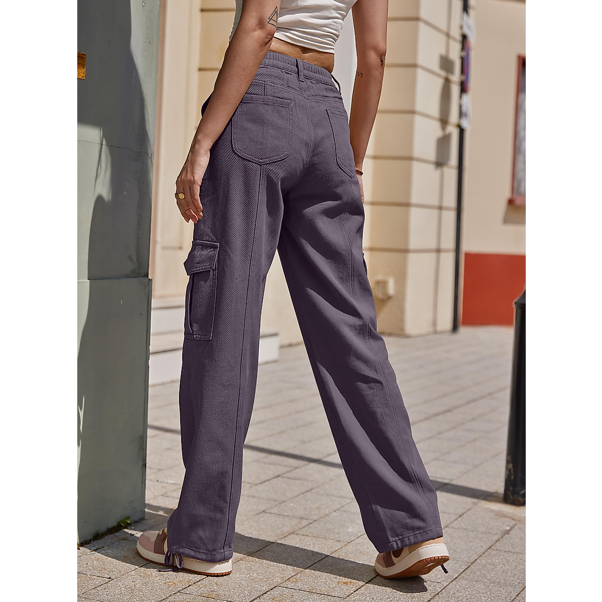 Hiistandd Women's High Waisted Cargo Pants Cotton Wide Leg Casual Pants Combat Military Work Trouser(Dark Gray,L)