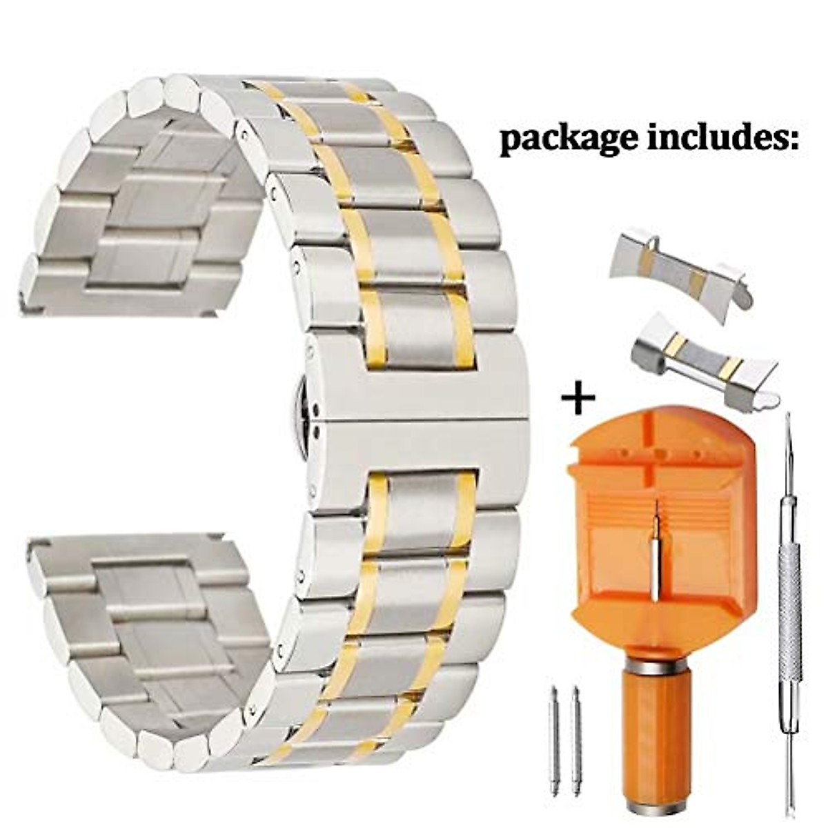 22mm Universal Two Tone Smart Watch Band Strap Solid 304 Stainless Steel in Silver and Gold Curved End