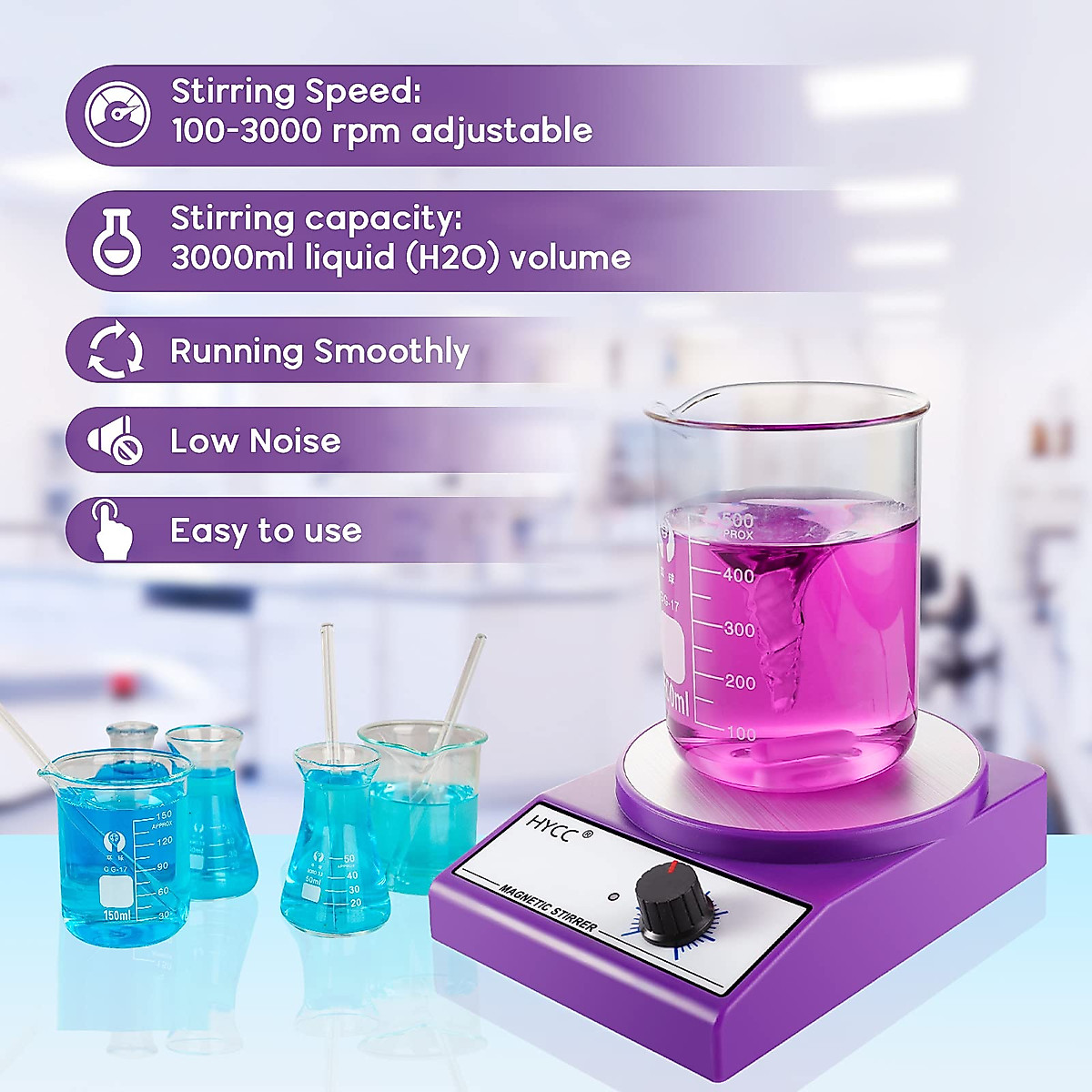 HYCC Magnetic Stirrer with 7PCS stir bar Set and stir bar Retriever, 3000 RPM Magnetic Mixer, Stir Plate Max Stirring Liquid 3 Liters, Lab Stirrers