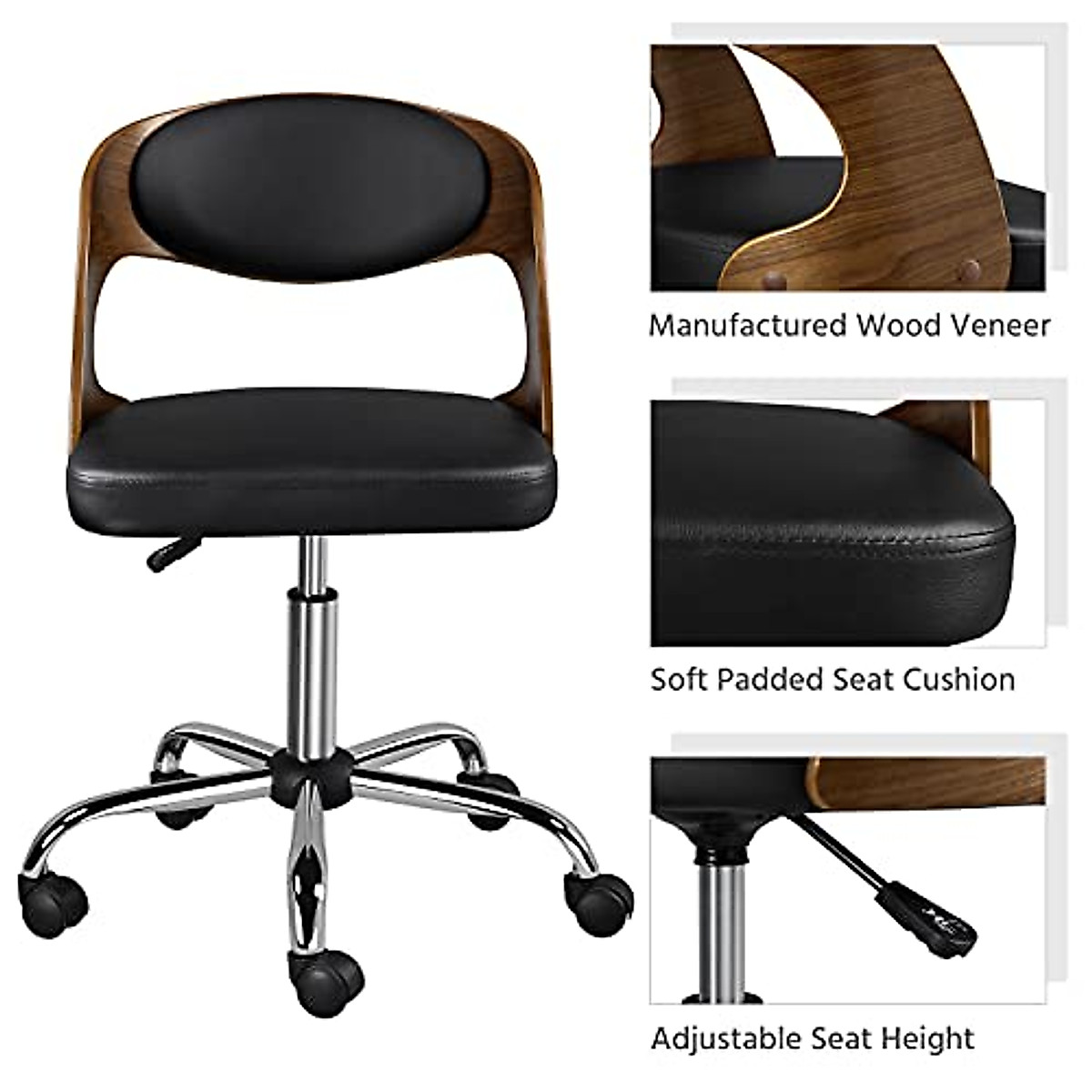Yaheetech Home Office Desk Chair Modern Mid-Century Walnut Wood Chrome Finish Computer Chair Faux Leather Seat Height Adjustable Stool with 360° Swivel Wheels, Black