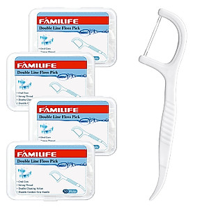 FAMILIFE Floss Picks Mint Dental Floss Picks with 4 Travel Handy Cases 240 Count Flossers and Double Line Flossers 200 Count, Unwaxed Flossing Thinner and Tougher Unflavored Threader Flosser