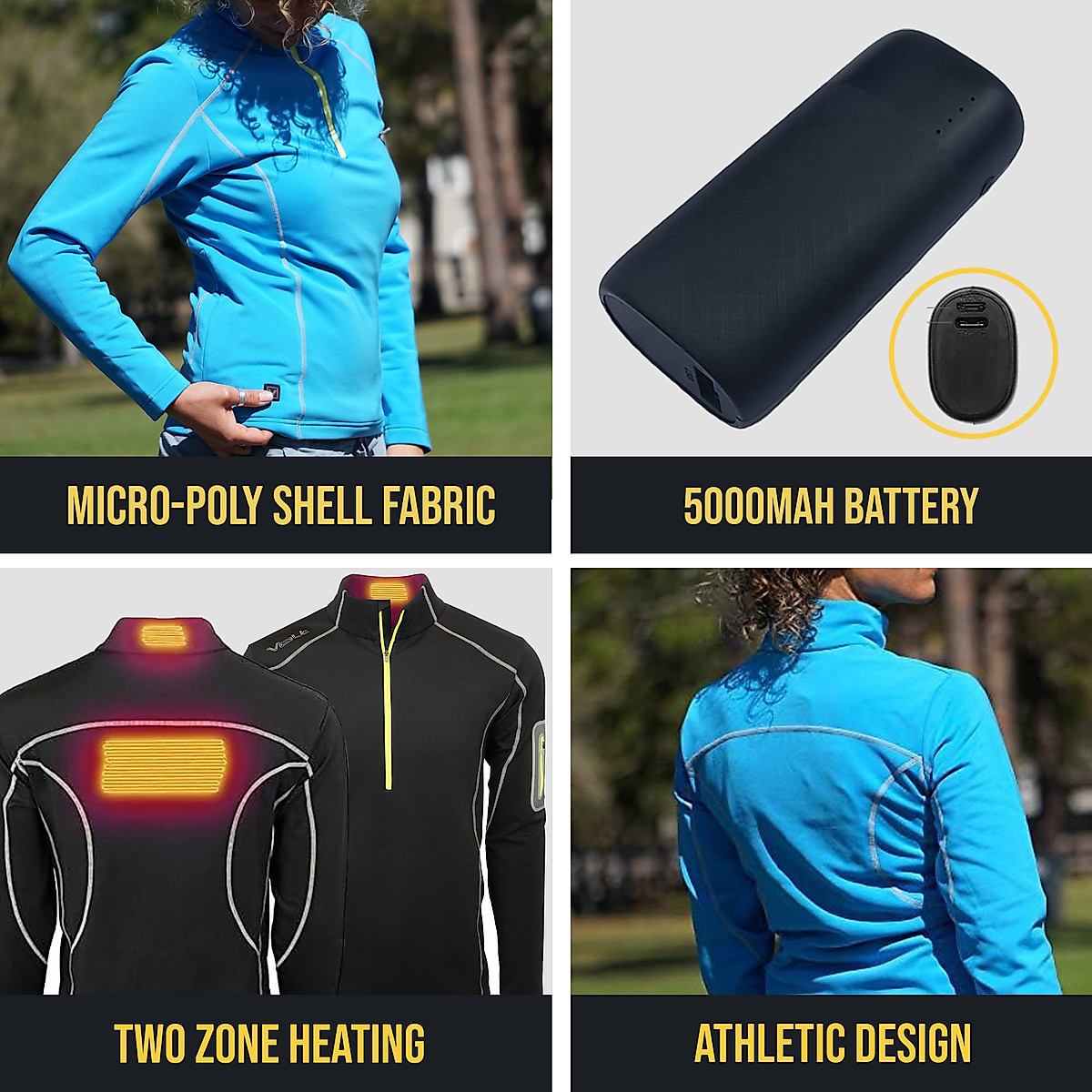 Volt Resistance 5V Heated Thermal Half Zip - Rechargeable Women's Heated Jacket - Athletic Fit Thermal Long Sleeve Heated Shirt - Winter Running, Bicycling - Battery Pack Included - Small, Blue