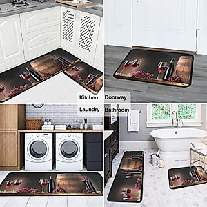 2 Piece Wine Kitchen Rug Set, 3D Wine Glasses Kitchen Rugs and Mats Non Skid Washable Absorbent Microfiber Kitchen Floor Decor Mat 17"x47"+17"x30"