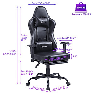 VON RACER Massage Gaming Chair with Footrest - Racing Desk Office Chair with Retractable Footrest and 2D Armrests, High Back Ergonomic Leather Computer Chair(Classic Black)