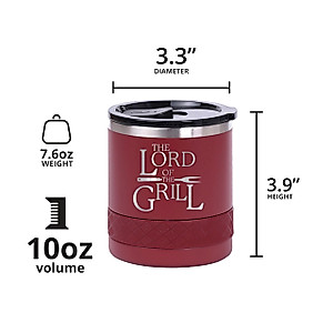 Lord of the Grill Lowball Valentine Tumbler for Him - Triple-Wall Stainless Steel Travel Cup with Ceramic Lid - Gift for Dad & Father In Law on Valentine's Day, Birthday & Father Day - 10oz Burgundy