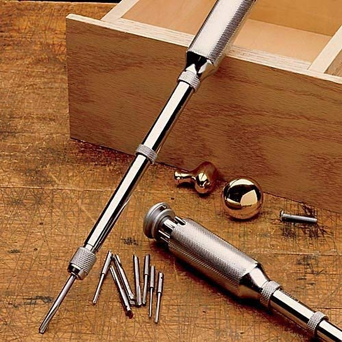 Kings County Tools Classic Yankee Style Push Drill | 8 Double Fluted Bits Included | Chrome Plated Solid Brass Material | No Chuck Necessary | Ideal for Tight Areas