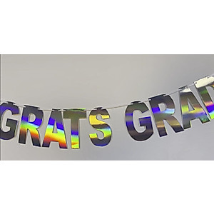 Holographic Congrats Grad Banner Decorations Sign, Iridescent Hanging Bunting String Flag Garland for Graduation Ceremony Party Decoration