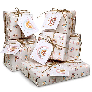 Jetec 10 Pcs Boho Rainbow Wrapping Paper Baby Girl Baby Shower Wrapping Paper Sheet Pastel Rainbow Wrap Folded Flat with Gift Tags for Women Girls Birthday Baby Shower Wedding Party Supplies