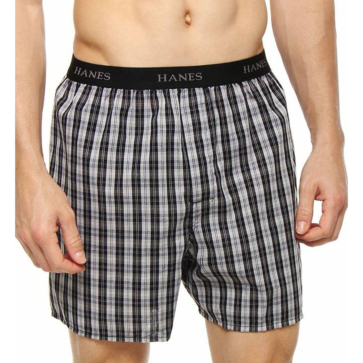 Hanes Classic Mens Yarn Dyed Exposed Waistband Boxer P5_Black/Blue_XL