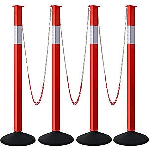 4 Pack Traffic Delineator Post Cones with Weighted Base & Reflective Collars, Adjustable Orange Traffic Safety Barrier with Plastic Chains for Parking Lot Driveway Road