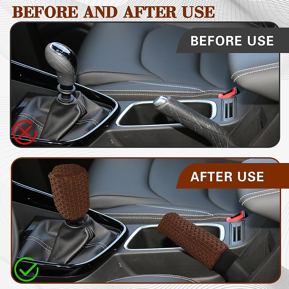 Zufoty 2 Pack Car Gear Shift Knob Cover & Handbrake Cover, Automotive Anti-Slip Breathable Comfortable Handbrake Gear Shift Protector, Universal Vehicle Interior Accessories Fit for Car SUV Truck, Brown