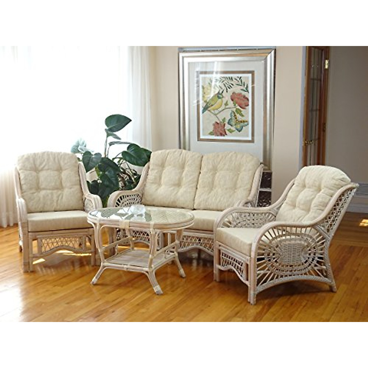 Malibu Lounge Set of 4: 2 Natural Rattan Wicker Chairs, Loveseat with Cream Cushions and Coffee Table w/Glass Handmade, White Wash