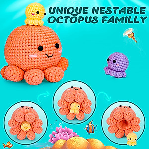 Crochetta Crochet Kit for Beginners, Amigurumi Crocheting Animals Kits w Step-by-Step Video Tutorials, Knitting Starter Pack for Adults and Kids, Jumbo 3 Nestable Octopus Familly (40%+ Yarn Content)