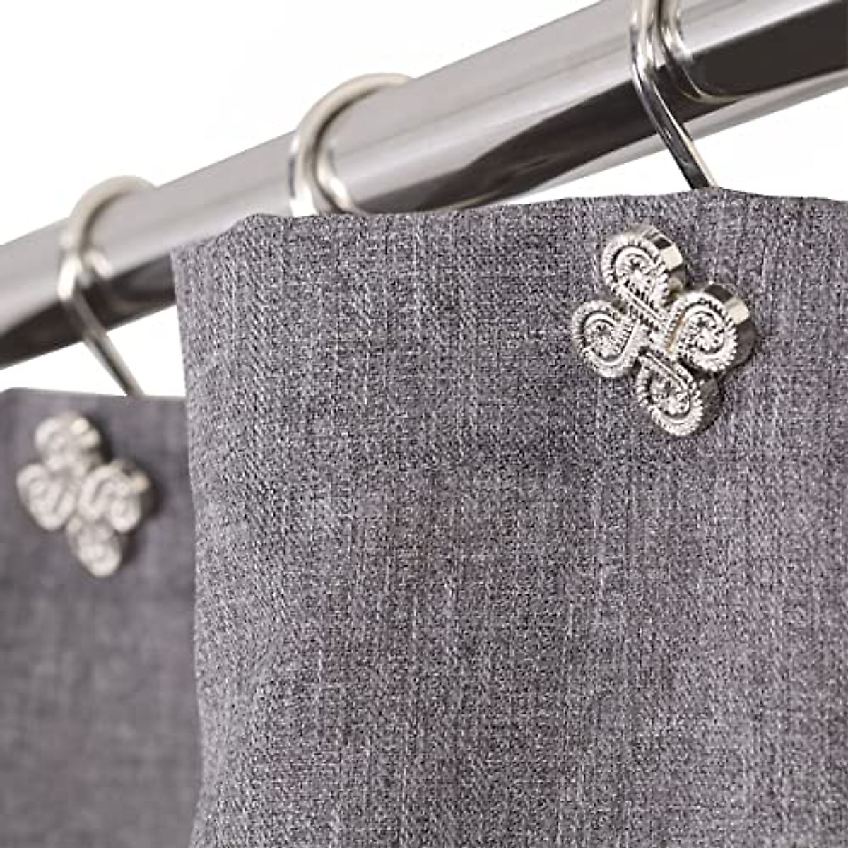 Nickel Shower Curtain Hooks Rings: Silver Rust Proof Metal Shower Hooks for Bathroom - Flower Clover Designed Decorative Curtain Rings Hangers for Shower Rod - Set of 12