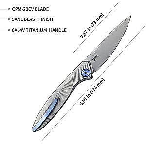 Kubey Pike KB2103 Small Pocket Knife with 2.87" 20CV Blade, Lightweight Parsons Bladeworks Designed Titanium Folding Knife for EDC Hiking Camping (Gray)