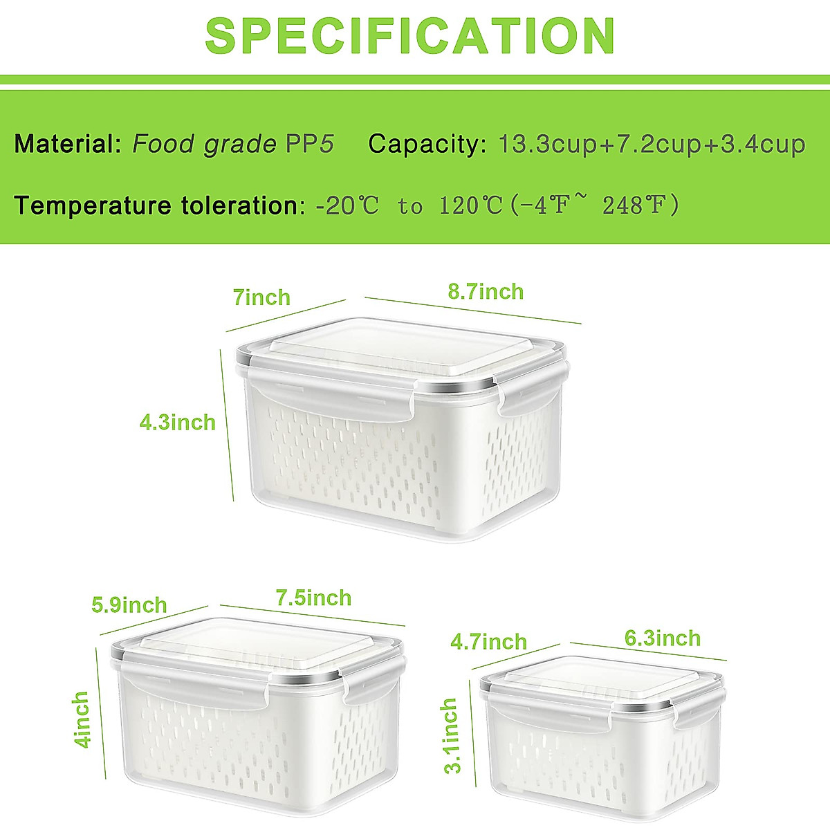 TBMax Fruit Storage Containers for Fridge - 3 Pack Large Produce Saver Containers Fridge Organizers with Airtight Lid & Colander, Vegetable Storage Lettuce Keepers Berry Containers for Refrigerator