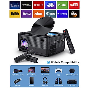 Mini Projector for iPhone, 1080P Bluetooth DVD Projector with Built in DVD Player with 120 inches Screen, Led Portable Video Projector for Outdoor Family Movie Night Compatible Phone/HD/USB