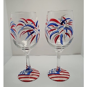 Fireworks USA American Flag Hand Painted Stemmed Wine Glasses Set of 2