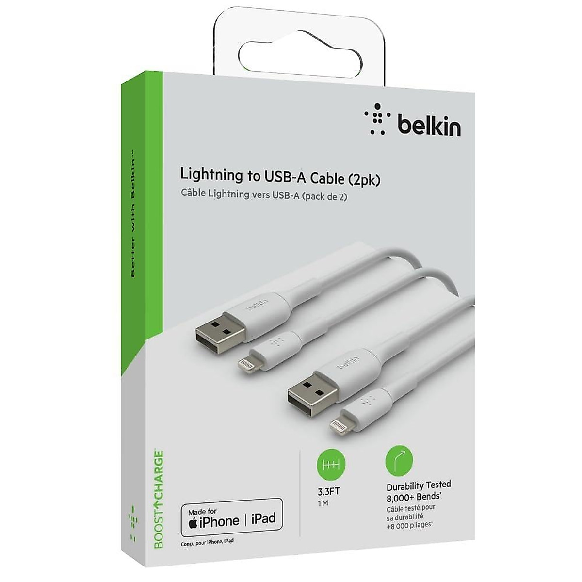Belkin BoostCharge Lightning Cable 2-Pack - 3.3ft/1M - MFi Certified Apple iPhone Charger USB-A to Lightning Cable - iPhone Cable - iPhone Charger Cord - Apple Charger - USB Phone Charger - White