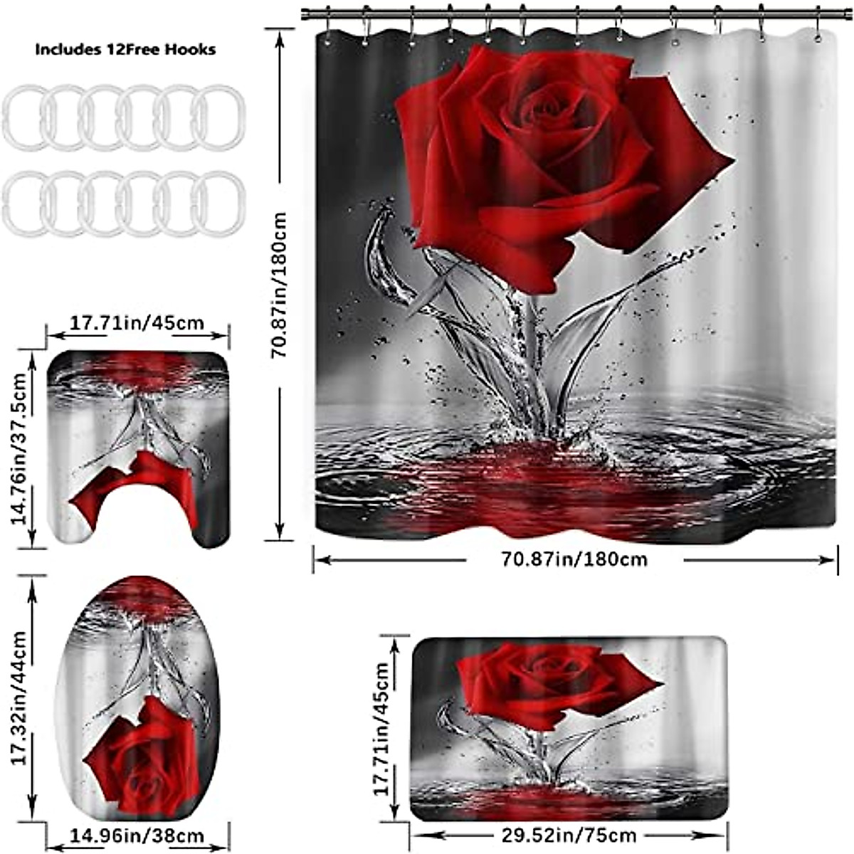 Romantic Red Rose Bathroom Sets with Rugs and Accessories Red Rose Bath Mat,Toilet Lid Cover,U-Shaped Mat 4pcs,Waterproof Fabric Bathroom Shower Curtain Sets for Decor