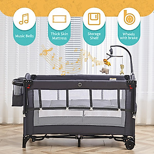 MOOITZ Baby Bassinet Bedside Crib, 6-in-1 Pack and Play with Bassinet, 4 Height Adjustable Bedside Crib, Newborn Portable Bassinet with Wheels, U-Shaped Diaper Table, Music Box & Hanging Toys