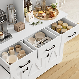 HOSTACK Buffet Cabinet with Hutch, Modern Farmhouse Kitchen Buffet Sideboard Storage Cabinet with 3 Drawers, Barn Door Coffee Bar Station, Liquor Cabinet for Dining Room, Living Room, White