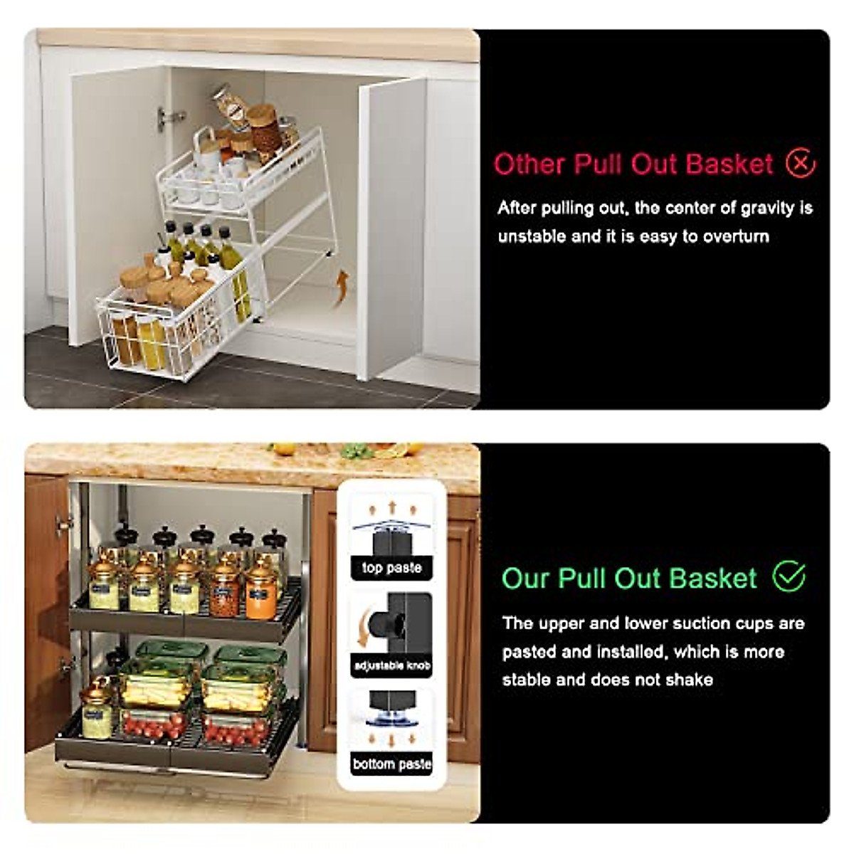 moapm Expandable Pull Out Cabinet Organizer Wire Basket Slide Out Cabinet Drawer Pull Out Kitchen Cabinet Organizer Storage ​Shelves for Kitchen Bathroom, Single Layer