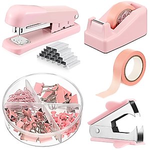Office Supplies Set Desk Accessory Kit Include Stapler, Staples, Staple Remover, Tape Dispenser, 22 Binder Clips, 30 Paper Clips, 20 Push Pins, 2 Rolls Tape, for Women Christmas Gift (Pink)