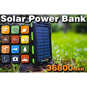 Solar Power Bank 36800mah, Solar Charger Power Bank with 18W PD 5V 3.1A outputs, IP67 Waterproof, Grade A+ Battery with LED Flashlight and Compass, Perfect Camping Gear Accessory for Outdoor (Green)