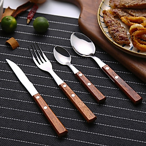 HAPPY KIT Flatware Set, Wooden Spoons Silverware Set for 4 Premium 18/8 (304) Stainless Steel Cutlery Set Wooden Dinner Knife Dinner Fork Dinner Spoon Set 16-Piece (4 Sets)