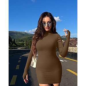 OQQ Women 2 Piece Dress Sexy Ribbed Mock Neck Long Sleeve Tummy Control Mini Dresses Black Coffee