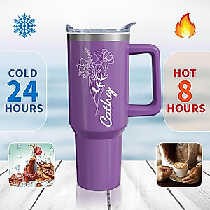 Personalized Gifts 40 Oz Tumbler with Handle and Straw Lid, with Names and Birth Flower Travel Coffee Mug, Custom Stainless Steel Double Walled Insulated Cup, Customized Gifts for Women Men Friend