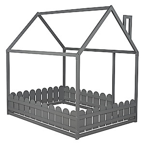 MERITLINE House Bed Full Size Playhouse Bed Frame with Roof Full Kids Bed for Girls Boys, Box Spring Needed, Grey