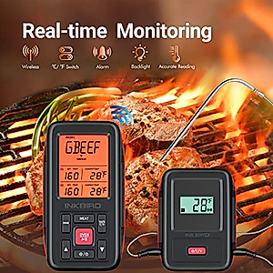 INKBIRD Wireless Meat Thermometer for Grilling, 500FT Dual Probes Smoker Temp Thermometer with Alarm, Timer, Backlight, Wireless Smart Grill Thermometer for Smoker, BBQ, Oven, Cooking (IRF-2SA-1)