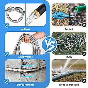 Garden Hose 50 FT, Metal Stainless Steel Water Hose with 10 Function Nozzles, No Kinks, Flexible Hose, Lightweight, Puncture Proof, Heavy Duty Hose for Yard and Outdoor