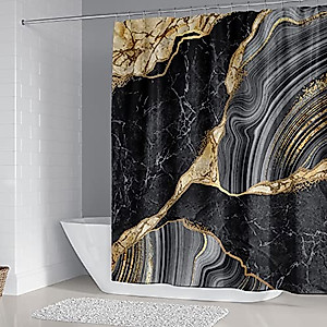 beifivcl 4Pcs Marble Shower Curtain Sets, Bathroom Decor Sets, Luxury Shower Curtain with 12 Hooks, Bath Mat, Toilet Lid Rug and Non-Slip U Shape Mat Accessories Marble Print, 72 x 72 Inch, Black