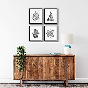 FerrisBuilt Black and White Buddha, Hamsa Hands, Mandala and Lotus Flower, Eclectic Wall Art, Boho Decor, Indie Decor - Set of (4) 8x10 UNFRAMED Prints