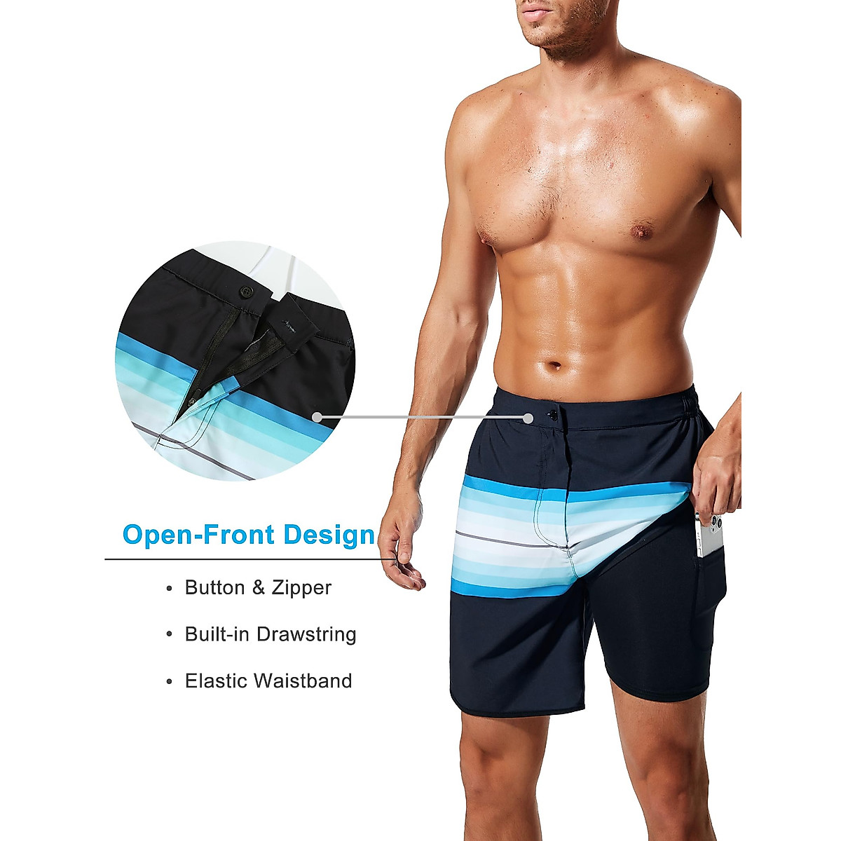 SILKWORLD Mens Swim Trunks 2 in 1 Quick Dry 7 Inch Swimming Shorts with Zipper Pockets, Navy Blue Stripe, Large