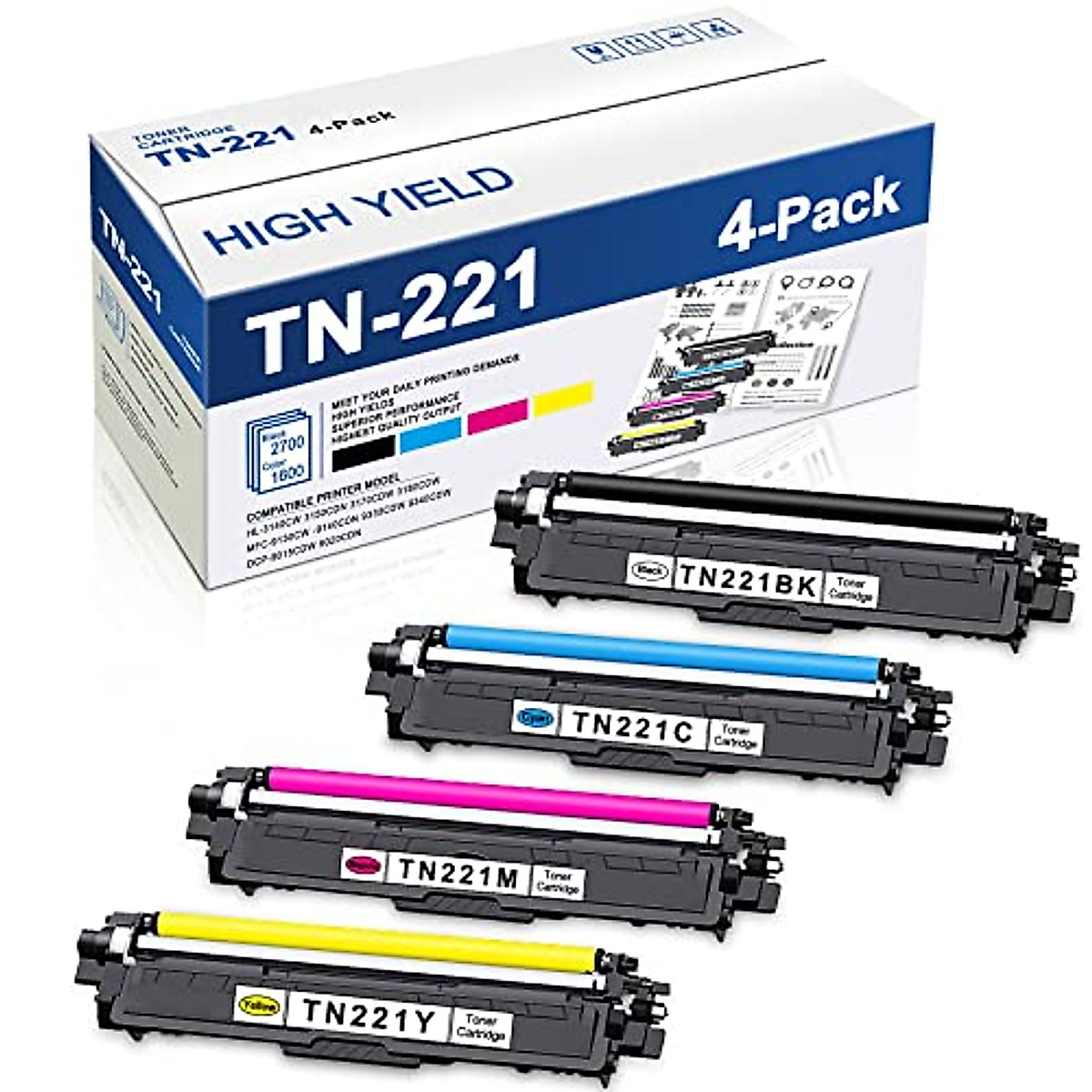 TN-221 TN221 High Yield Toner Cartridge - TN221BK, TN221C, TN221M, TN221Y Toner Cartridge Compatible Replacement for Brother MFC-9130CW HL-3170CDW HL-3140CW Printer