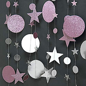 Glitter Pink Silver Circle Dot Garland Twinkle Little Star Decoration Polka Dots Streamer Backdrop Banner Girls Birthday Party Decor/Baby Shower/Wedding/Engagement/Anniversary/Sweet 16/Bridal Shower