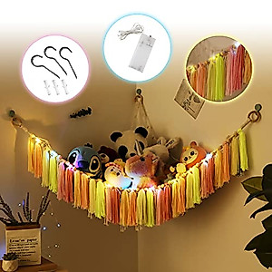 LSEYKRMH Animal Storage Hammock with LED Light, Plush Toy Triangle Hanging Storage Net, Macrame Animal Corner Hanging Net - Hanging Storage Nets Kids Bedroom.