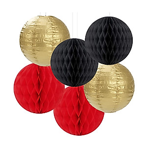 Red-Black Gold Party Decorations Streamers Lanterns - 14pcs Casino-Theme Graduation 2024 Paper Fan,Game Night Wedding Birthday Baby Bridal Shower Tissue Pom Poms,Honeycomb Balls Decor Ouruola