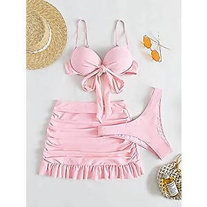 WDIRARA Women's 3 Pieces Tie Front Push Up Bikini Swimsuit with Ruched Ruffle Hem Beach Skirt Pink L