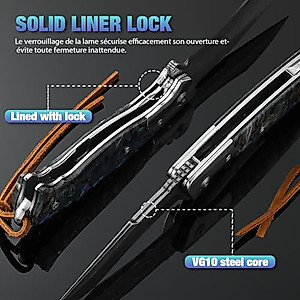 DRACHENADER Damascus Steel Folding Knife Fully CNC Machined- Heavy Duty Damascus Pocket Knife with Clip & Leather Sheath, Abalone Handle, Japanese Style, Blue - For Men