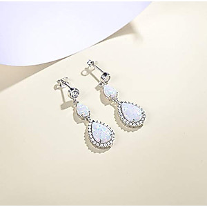 FANCIME October Birthstone Earrings Created Opal Dangle Earrings Sterling Silver 2 Stones White Fire Opal Halo Cubic Zirconia Long Teardrop Earrings for Women