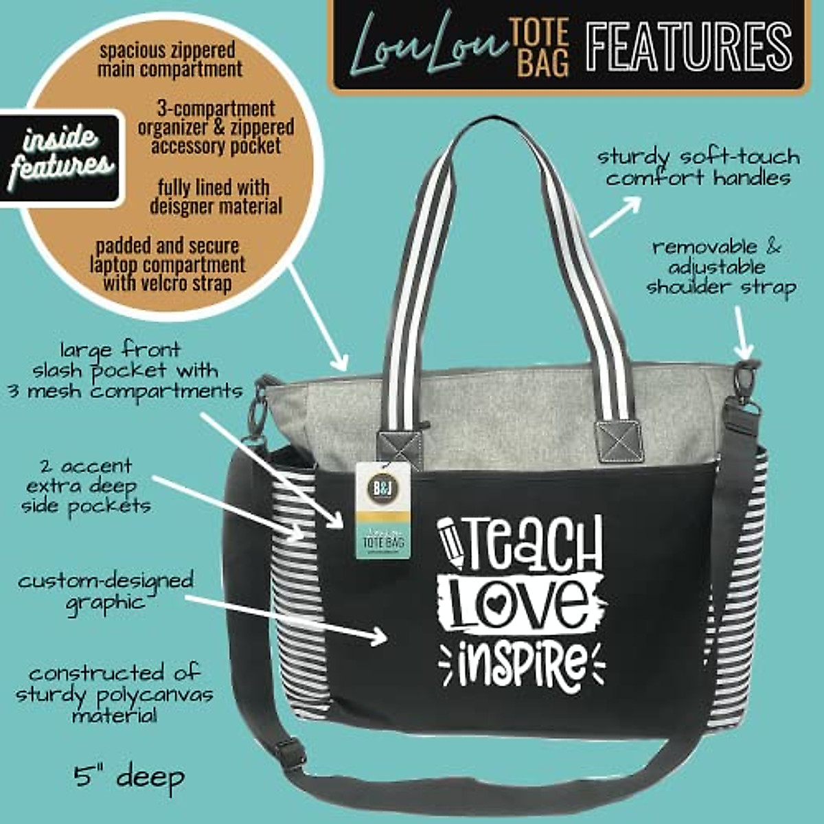 Brooke & Jess Designs Teach Love Inspire Gray Teacher Laptop Tote Bag for Work, Travel - Best Teacher Appreciation Day Gift, Birthday