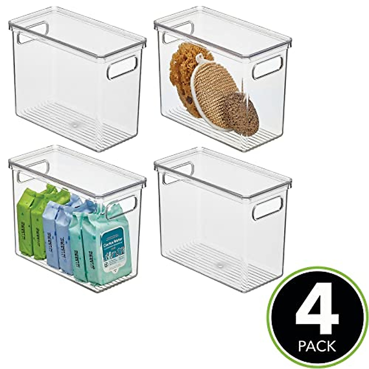 mDesign Slim Plastic Stackable Bathroom Cabinet Storage Bin Box with Handles/Lid, Drawer Stacking Organizer for Soap, Lotion, Towels, and Accessories, Ligne Collection, 4 Pack, Clear