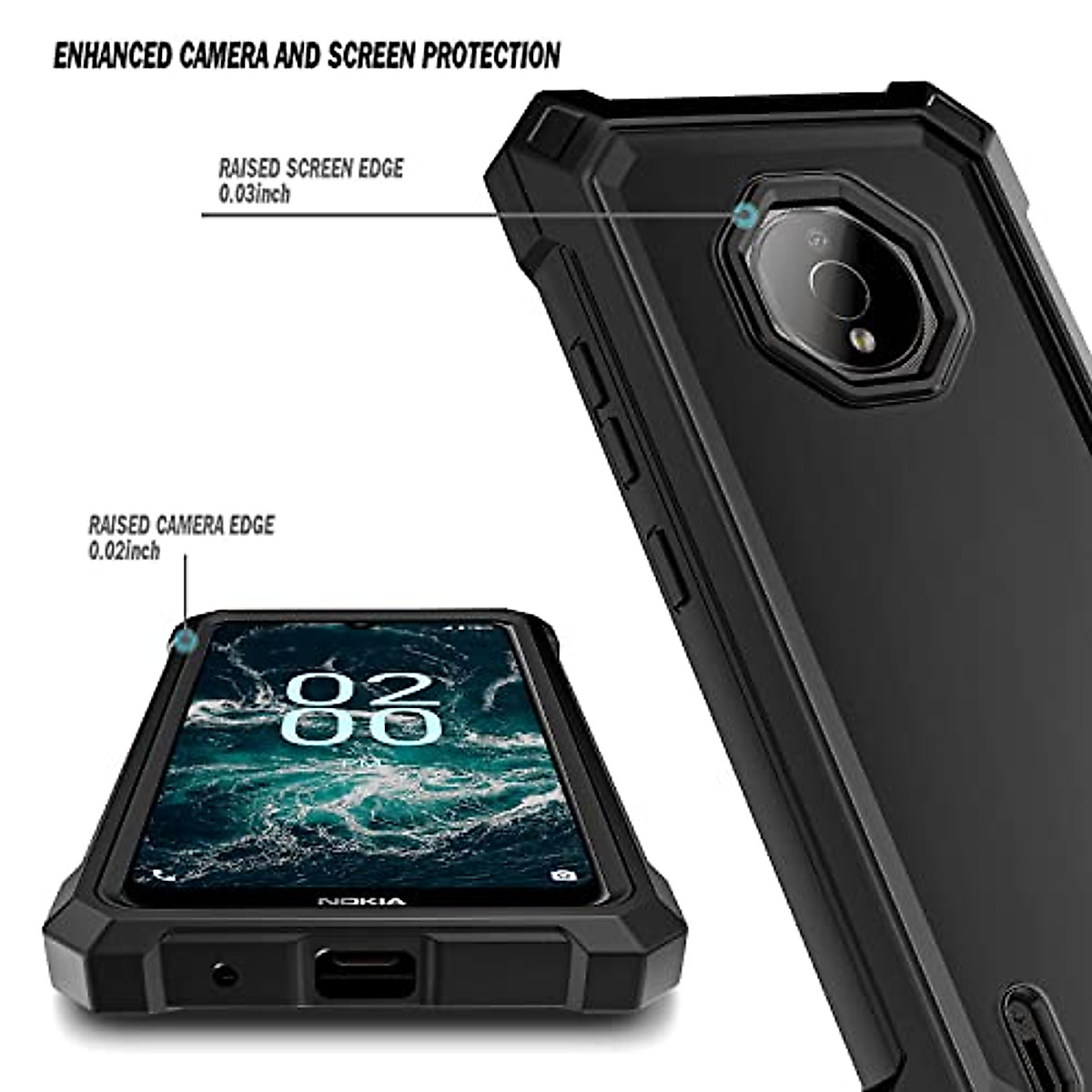 WDHD Case for Nokia C200 with Tempered Glass Screen Protector, Full-Body Protective Shockproof Rugged Bumper Cover, Impact Resist Durable Phone Case (Black)