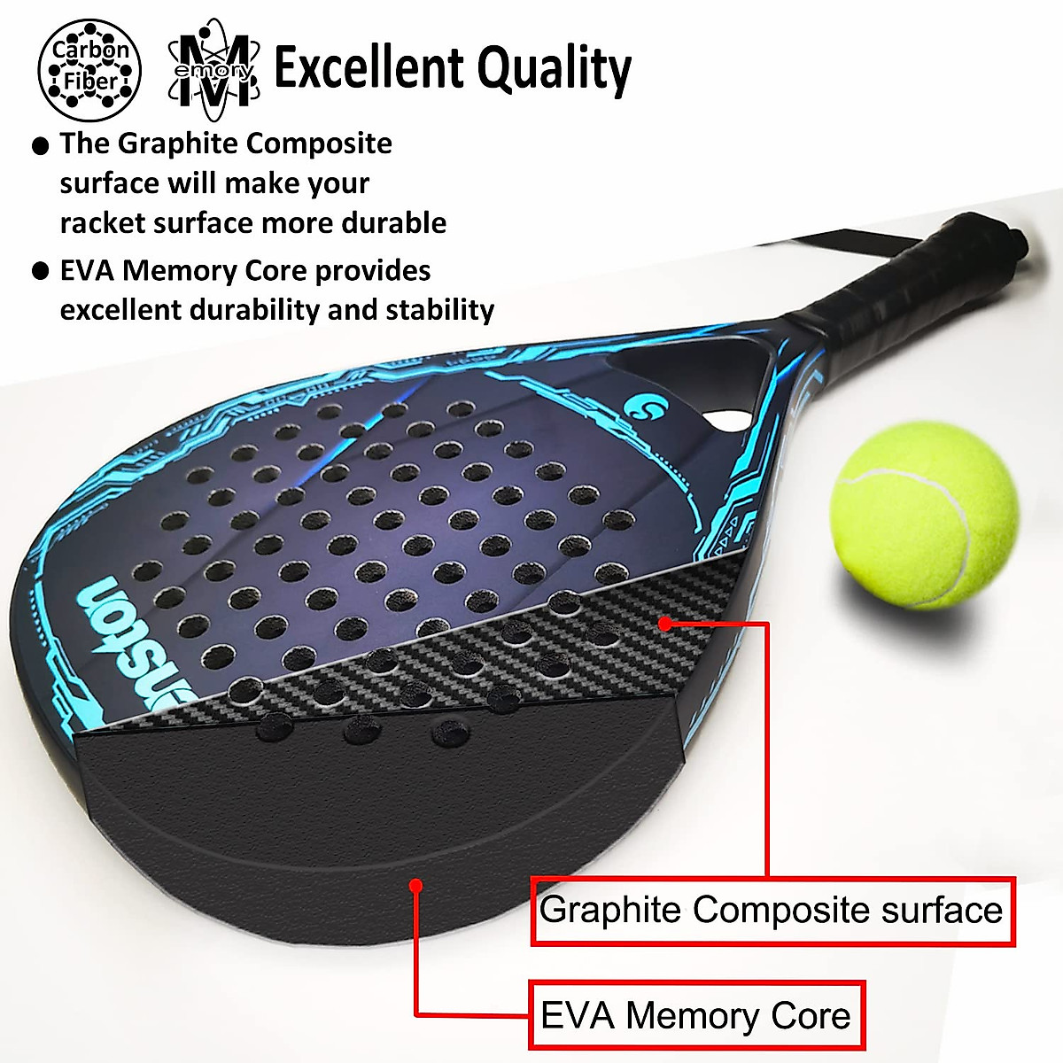 Senston Paddle Tennis Racket Carbon-Fiber Surface with EVA Memory Flex-Foam Core - Padel Racket with Carry Bag and Balls for Pop Tennis Beach Tennis.